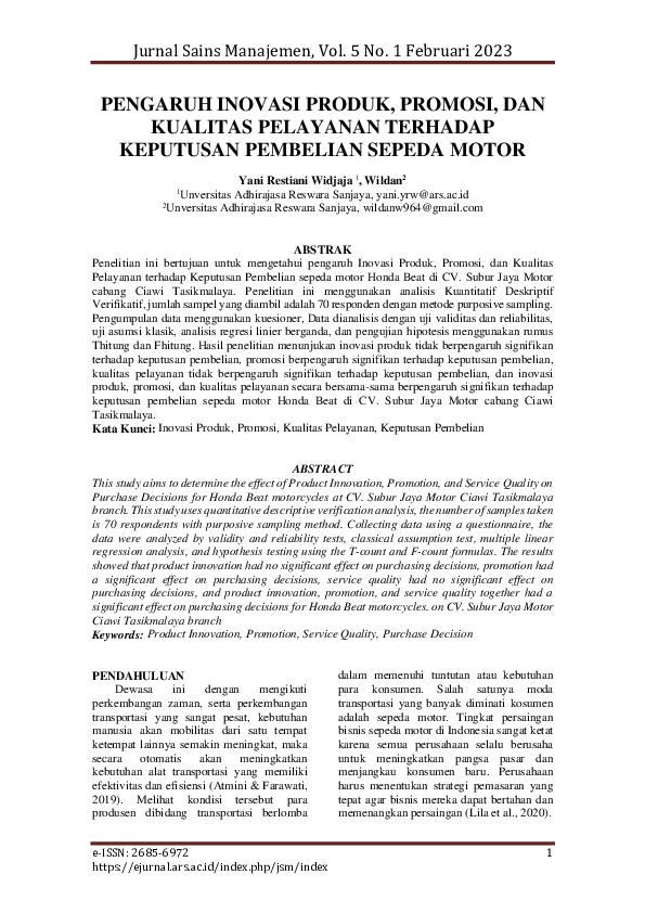 (PDF) Pengaruh Inovasi Produk, Promosi, Dan Kualitas Pelayanan Terhadap Keputusan Pembelian ...