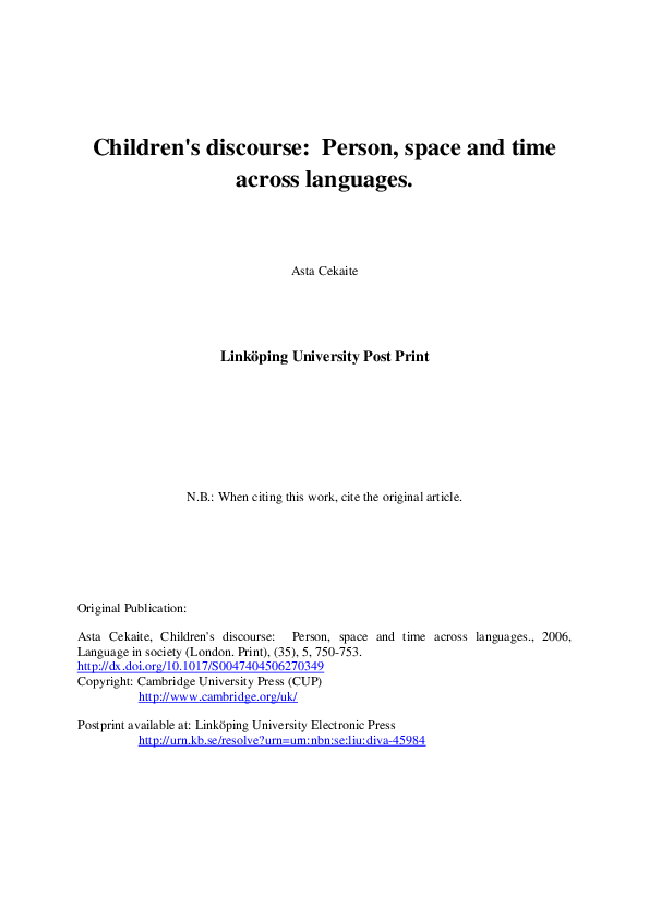 (PDF) Children's discourse : person, space and time across languages