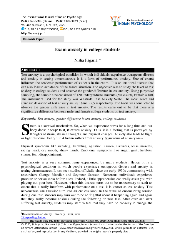 (PDF) Exam anxiety in college students