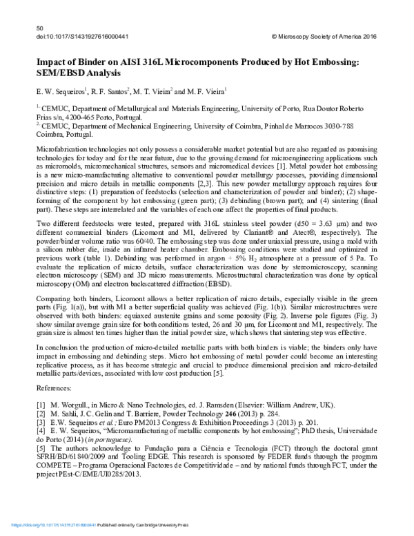 (PDF) Impact of Binder on AISI 316L Microcomponents Produced by Hot Embossing: SEM/EBSD Analysis