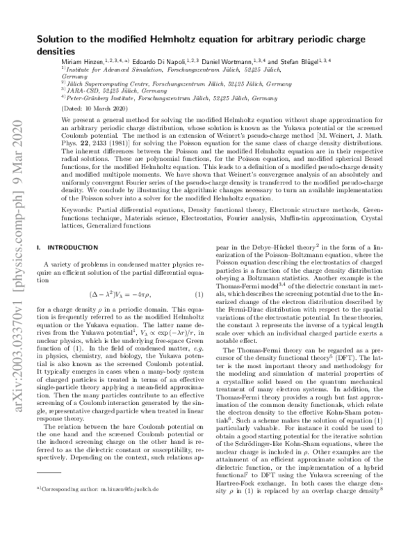 (PDF) Solution to the Modified Helmholtz Equation for Arbitrary Periodic Charge Densities