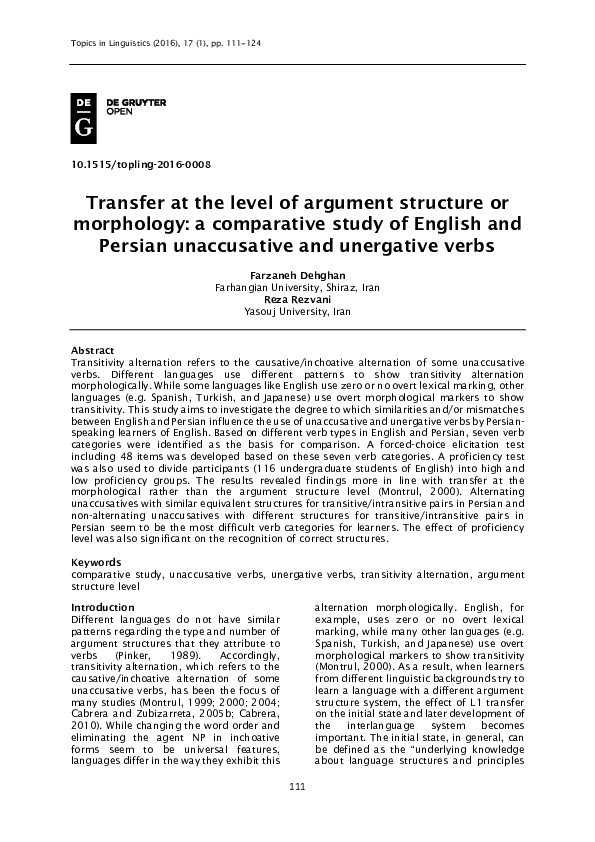 (PDF) Transfer at the level of argument structure or morphology: a comparative study of English ...