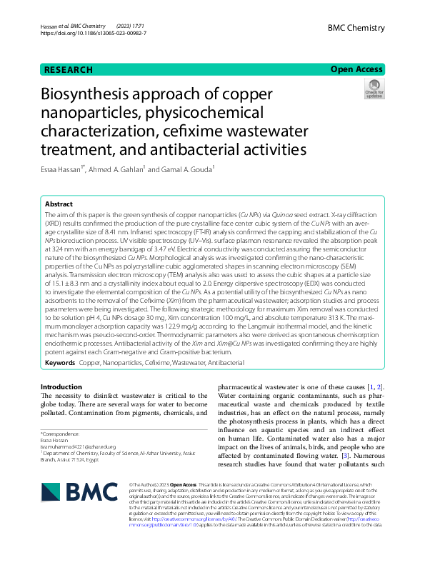 (PDF) Biosynthesis approach of copper nanoparticles, physicochemical characterization, cefixime ...