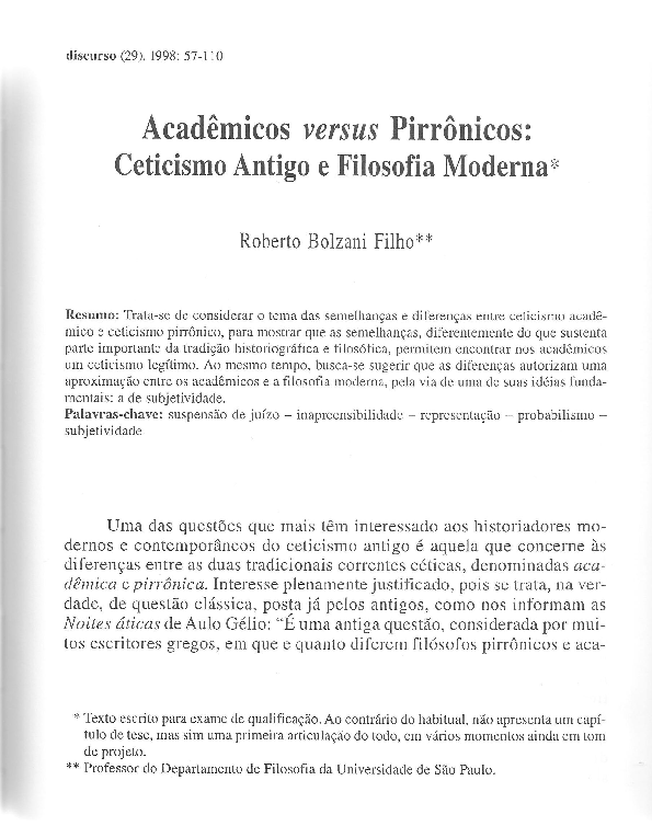 (PDF) Acadêmicos versus Pirrônicos: Ceticismo Antigo e Filosofia Moderna
