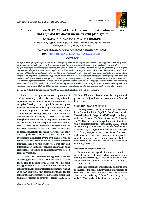 (PDF) Application of ANCOVA Model for estimation of missing observation ...