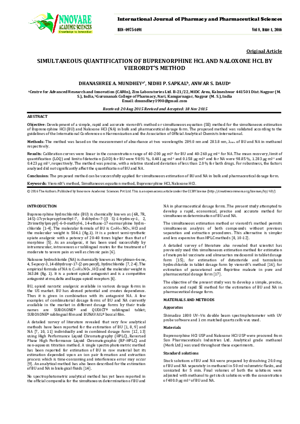 (PDF) SIMULTANEOUS QUANTIFICATION OF BUPRENORPHINE HCL AND NALOXONE HCL ...