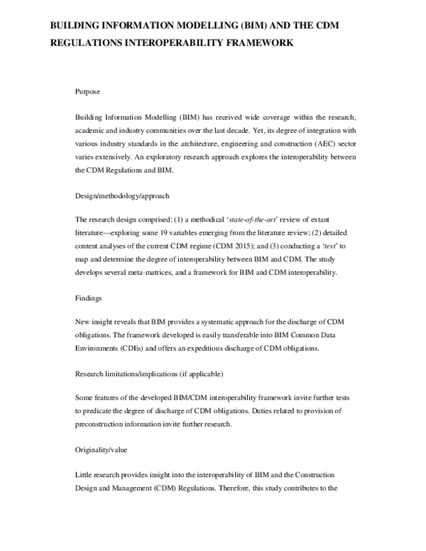 (PDF) Building information modelling (BIM) and the CDM regulations interoperability framework