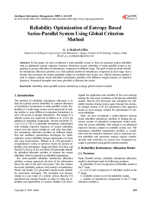 Pdf Reliability Optimization Of Entropy Based Series Parallel System Using Global Criterion Method