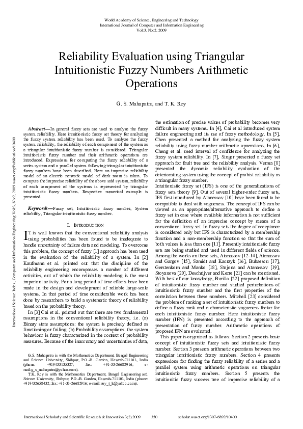 Pdf Reliability Evaluation Using Triangular Intuitionistic Fuzzy Numbers Arithmetic Operations
