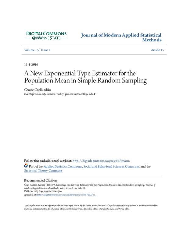 Pdf A New Exponential Type Estimator For The Population Mean In Simple Random Sampling Gamze
