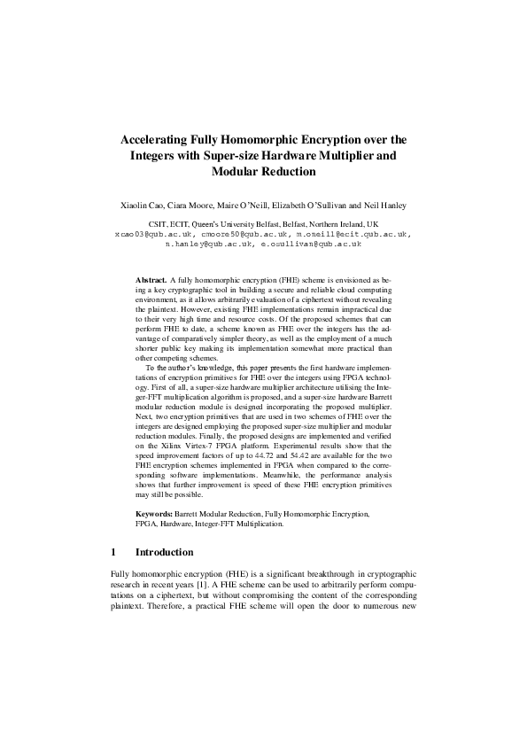 (PDF) Accelerating Fully Homomorphic Encryption over the Integers with Super-size Hardware ...