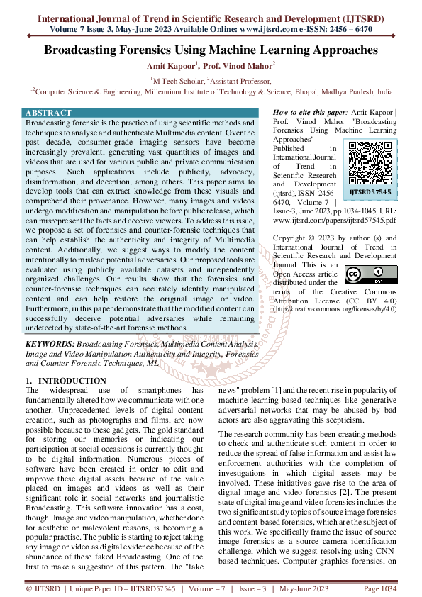 (PDF) Broadcasting Forensics Using Machine Learning Approaches | Vinod Mahor - Academia.edu