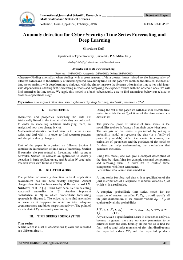 Pdf Anomaly Detection For Cyber Security Time Series Forecasting And