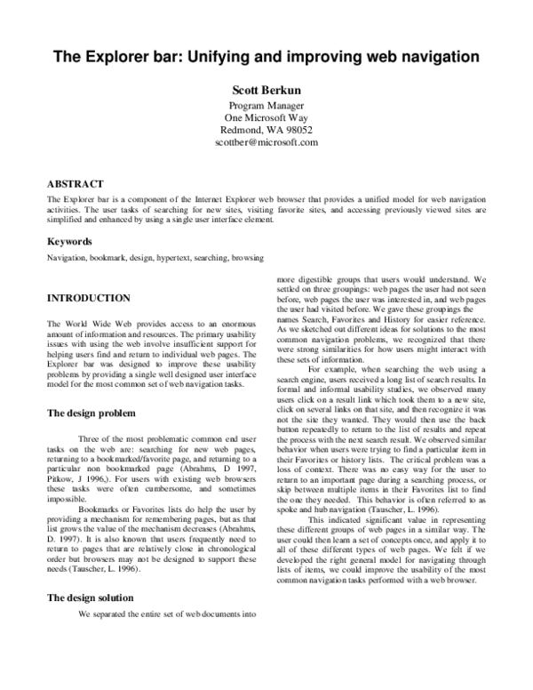 (PDF) The Explorer Bar: Unifying and Improving Web Navigation