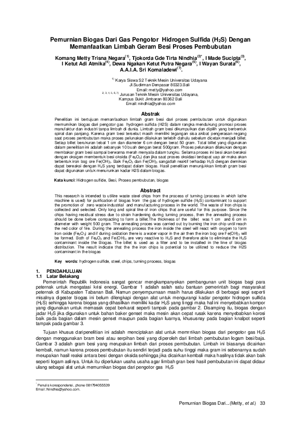 (PDF) Pemurnian Biogas Dari Gas Pengotor Hidrogen Sulfida (H2S) Dengan ...