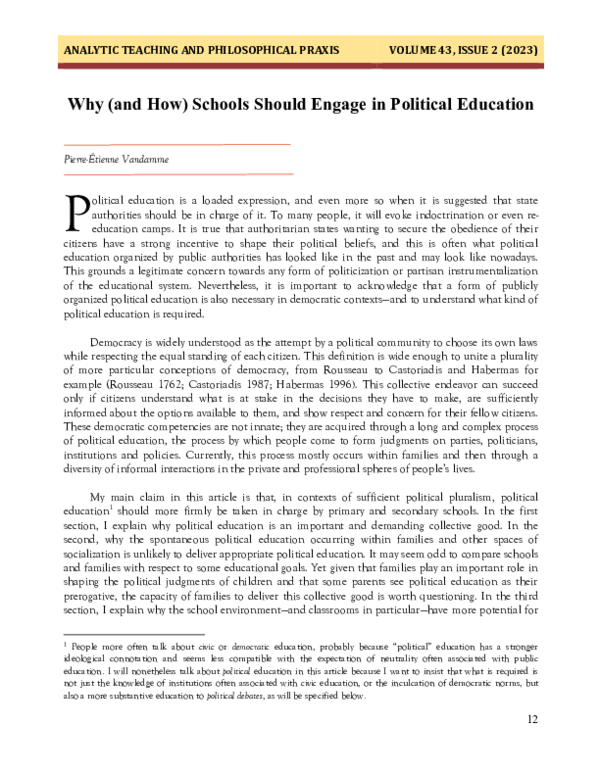 (PDF) Why (and How) Schools Should Engage in Political Education