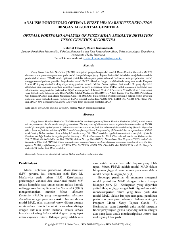 (PDF) Analisis Portofolio Optimal Fuzzy Mean Absolute Deviation dengan Algoritma Genetika