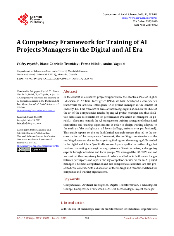 (PDF) A Competency Framework for Training of AI Projects Managers in the Digital and AI Era