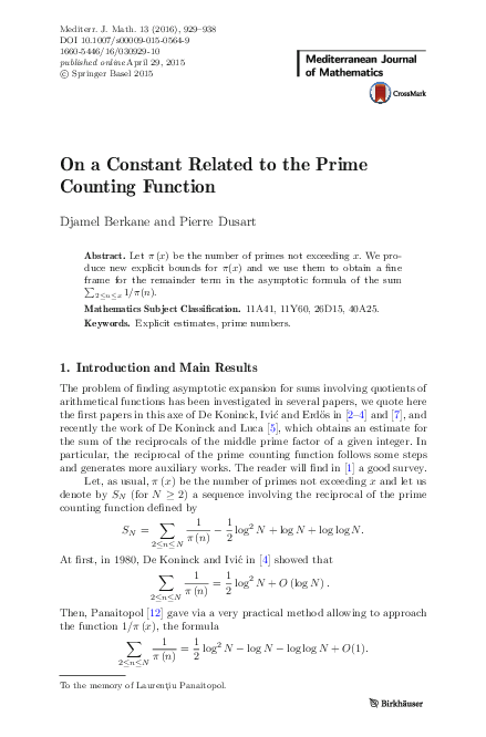 (PDF) On a Constant Related to the Prime Counting Function