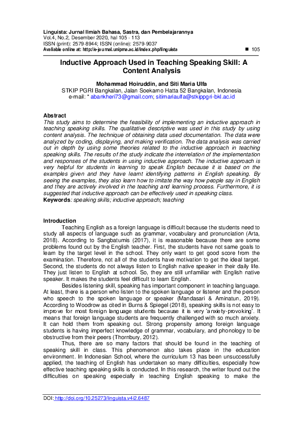 (PDF) Inductive Approach Used in Teaching Speaking Skill: A Content Analysis