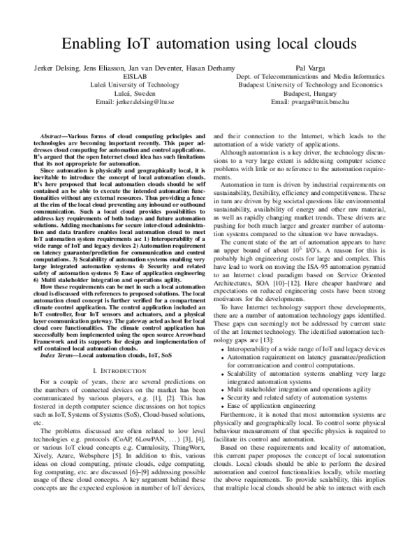 (PDF) Enabling IoT automation using local clouds | Jerker Delsing - Academia.edu