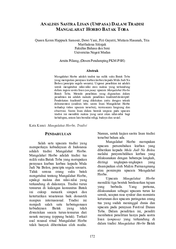 (DOC) Analisis Sastra Lisan (Umpasa) Dalam Tradisi Mangalahat Horbo ...