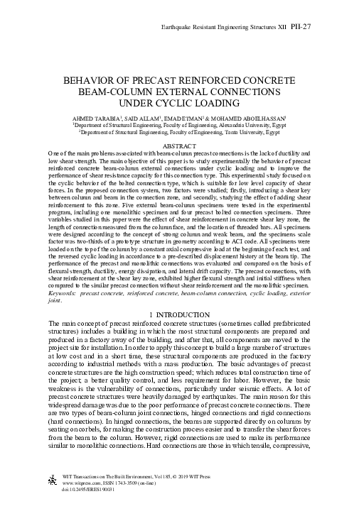 (PDF) Behavior of Precast Reinforced Concrete Beam-Column External Connections Under Cyclic Loading