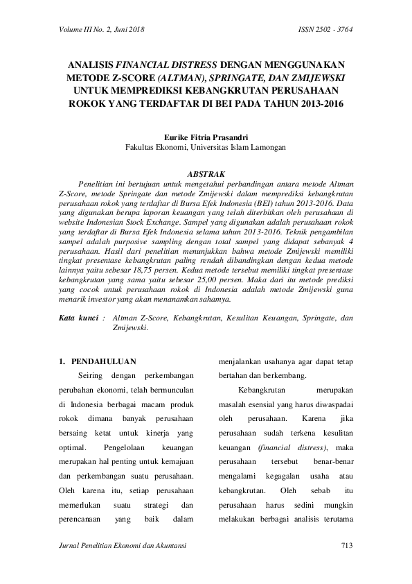 (PDF) Analisis Financial Distress Dengan Menggunakan Metode Z-Score (Altman), Springate, Dan ...