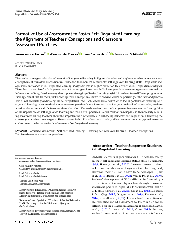 (PDF) Formative Use of Assessment to Foster Self-Regulated Learning: the Alignment of Teachers ...