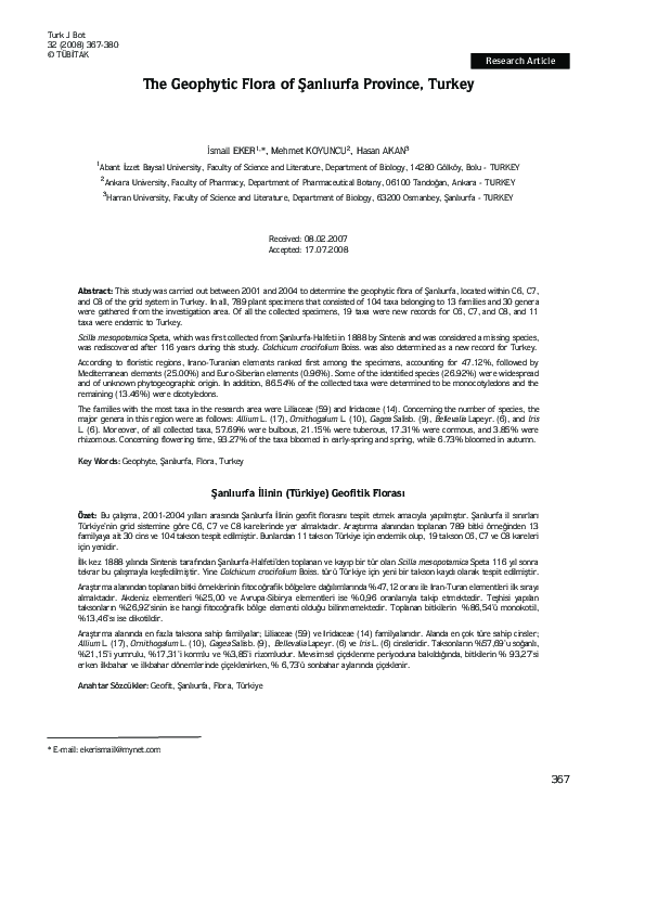 (PDF) The Geophytic Flora of Şanlıurfa Province, Turkey