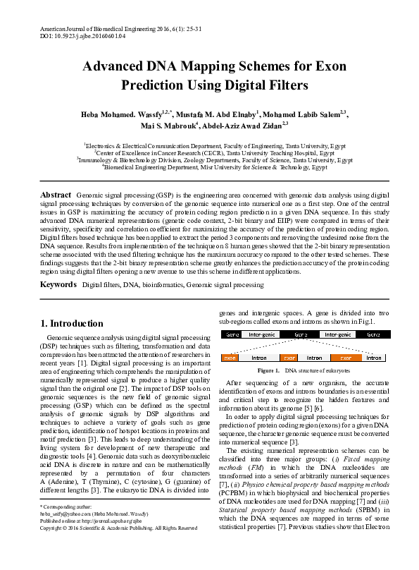 (PDF) Advanced DNA Mapping Schemes for Exon Prediction Using Digital Filters