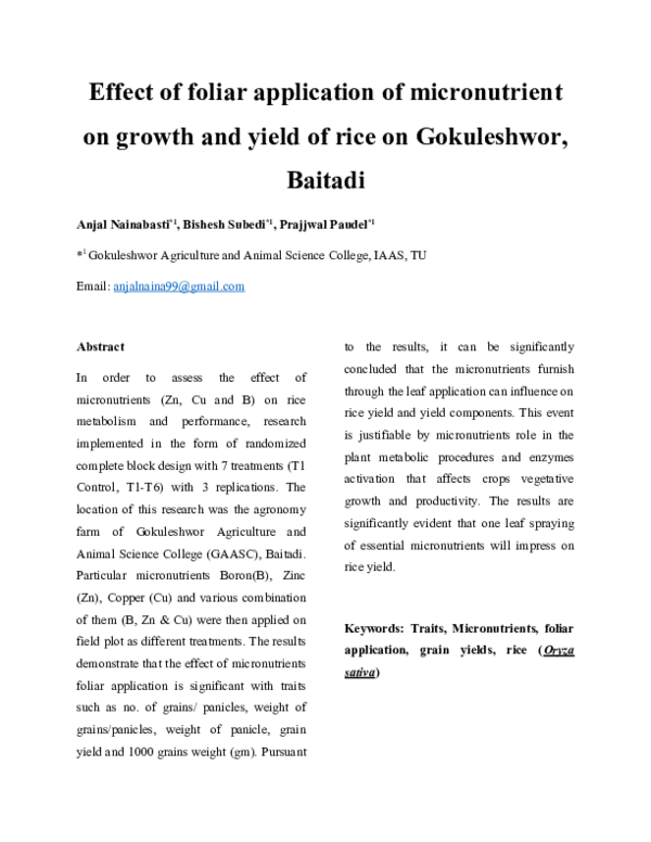 (DOC) Effect of foliar application of micronutrient on growth and yield ...