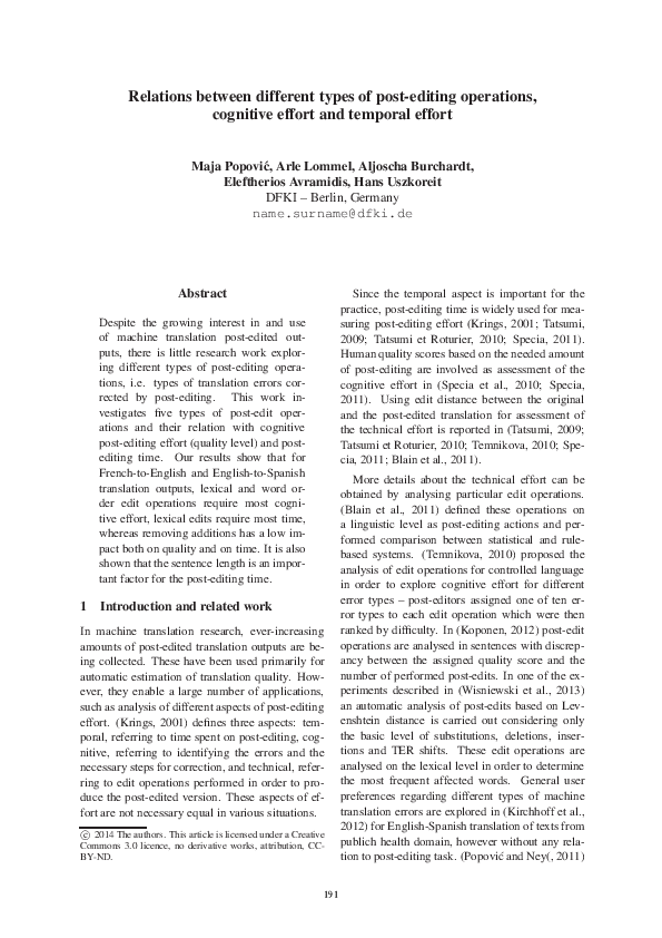(PDF) Relations between different types of post-editing operations, cognitive effort and ...