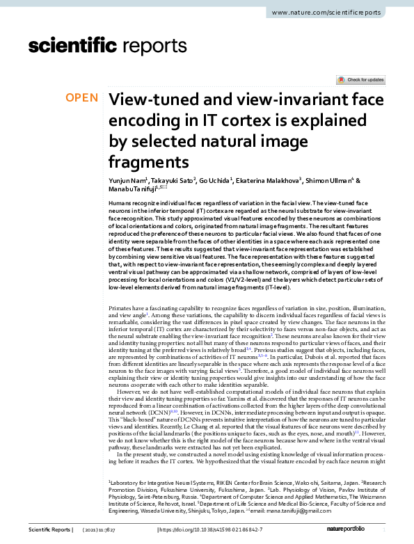 (PDF) View-tuned and view-invariant face encoding in IT cortex is explained by selected natural ...