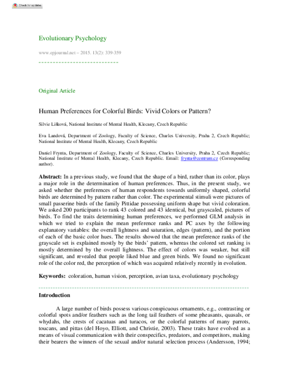 (PDF) Human Preferences for Colorful Birds: Vivid Colors or Pattern?