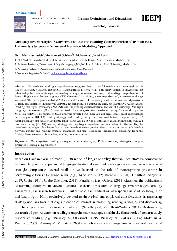 Pdf Metacognitive Strategies Awareness And Use And Reading Comprehension Of Iranian Efl