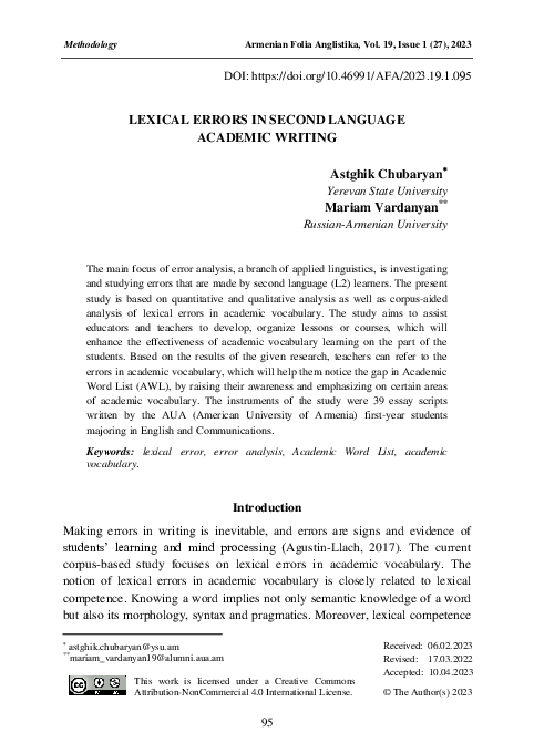 (PDF) Lexical Errors in Second Language Academic Writing
