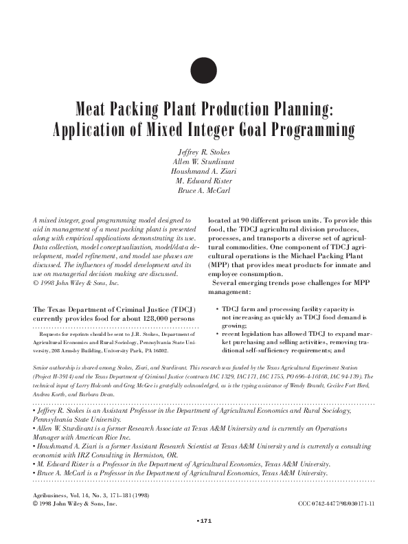 (PDF) Meat packing plant production planning: Application of mixed integer goal programming