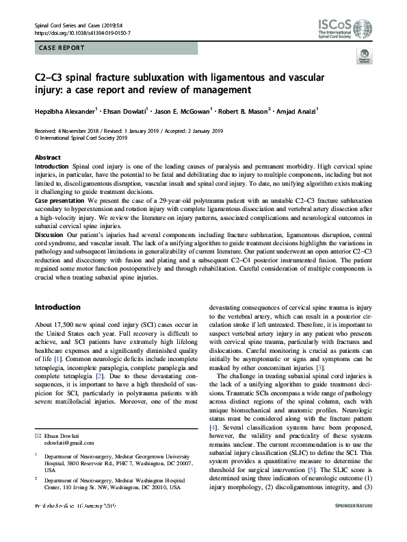 (PDF) C2–C3 spinal fracture subluxation with ligamentous and vascular injury: a case report and ...