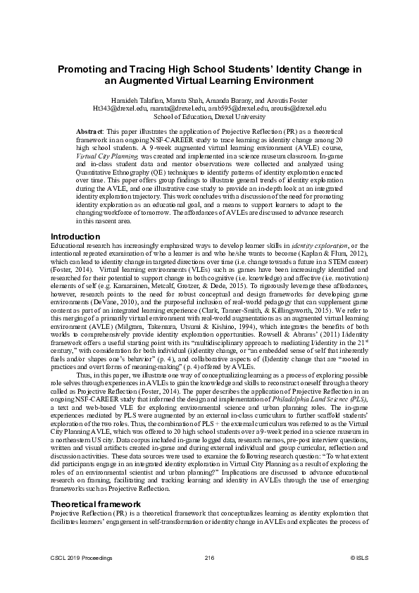 (PDF) Promoting and Tracing High School Students' Identity Change in an Augmented Virtual ...