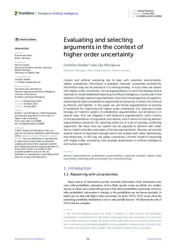 (PDF) Evaluating and selecting arguments in the context of higher order uncertainty