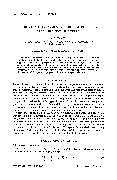 (PDF) Vibrations Of Corner Point Supported Rhombic Hypar-shells