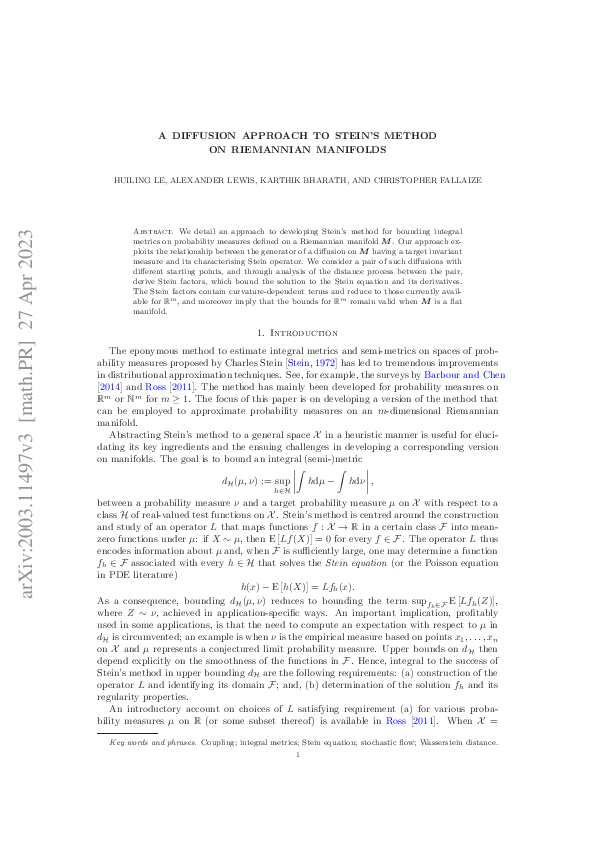 (PDF) A diffusion approach to Stein's method on Riemannian manifolds