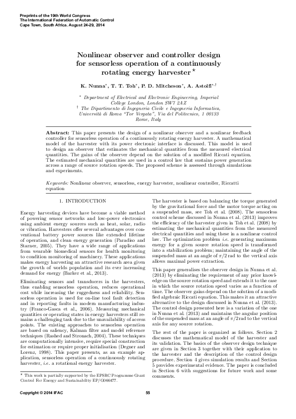 (PDF) Nonlinear observer and controller design for sensorless operation ...