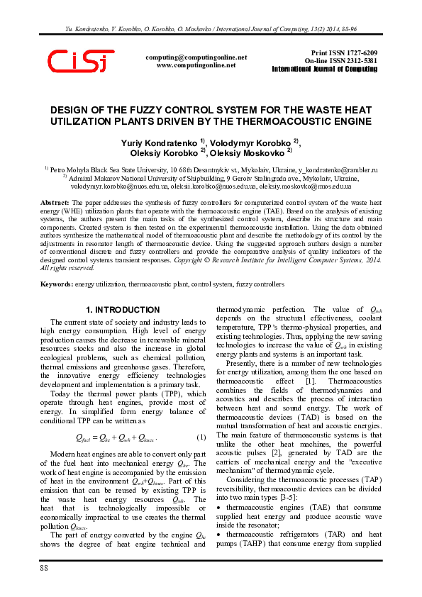 (PDF) Design of the Fuzzy Control System for the Waste Heat Utilization Plants Driven by the ...