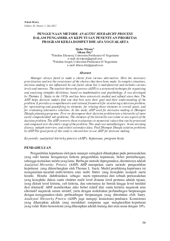 (PDF) Penggunaan Metode Analytic Hierarchy Process dalam Pengambilan ... (PDF) Penggunaan Metode Analytic Hierarchy Process dalam Pengambilan ...