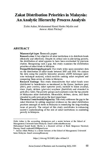 (PDF) Zakat Distribution Priorities in Malaysia: An Analytic Hierarchy Process Analysis
