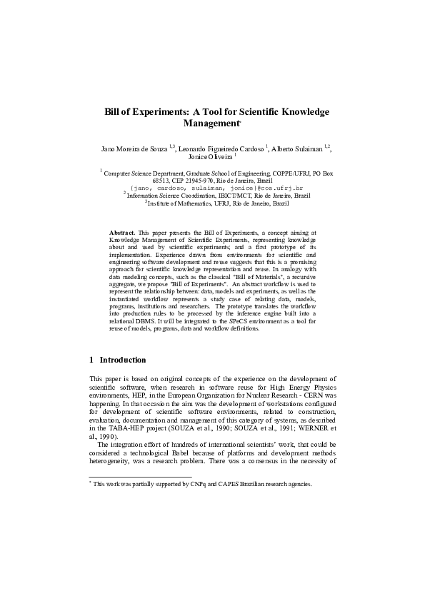 (PDF) Bill of Experiments : A Tool for Scientific Knowledge Management