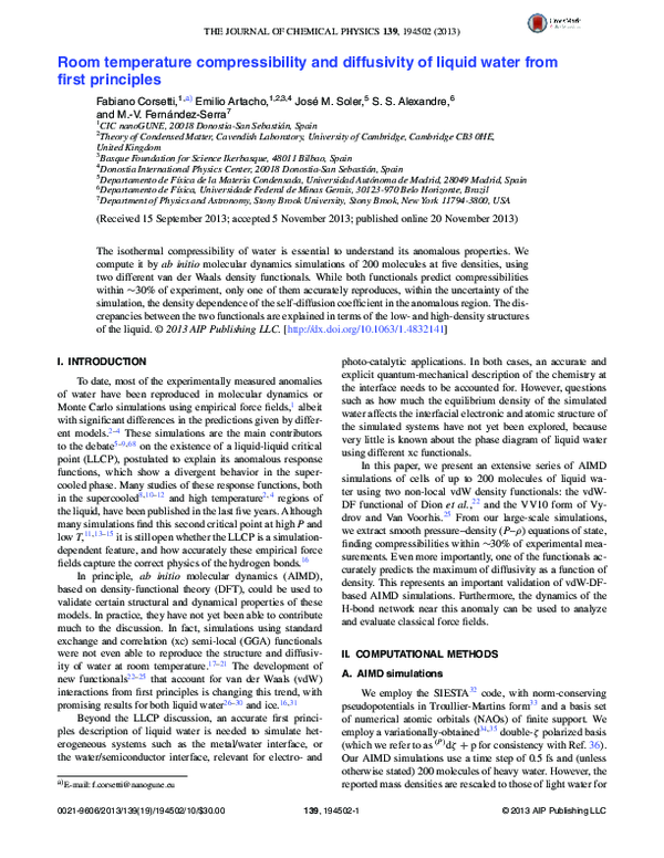 (PDF) Room temperature compressibility and diffusivity of liquid water ...