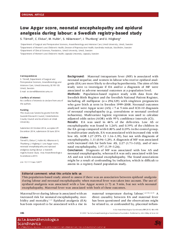 (PDF) Low Apgar Score, Neonatal Encephalopathy, and Epidural Analgesia ...